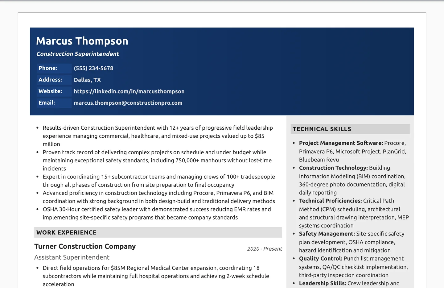 Construction Superintendent Resume Example, Guide and Tips - Resumonk