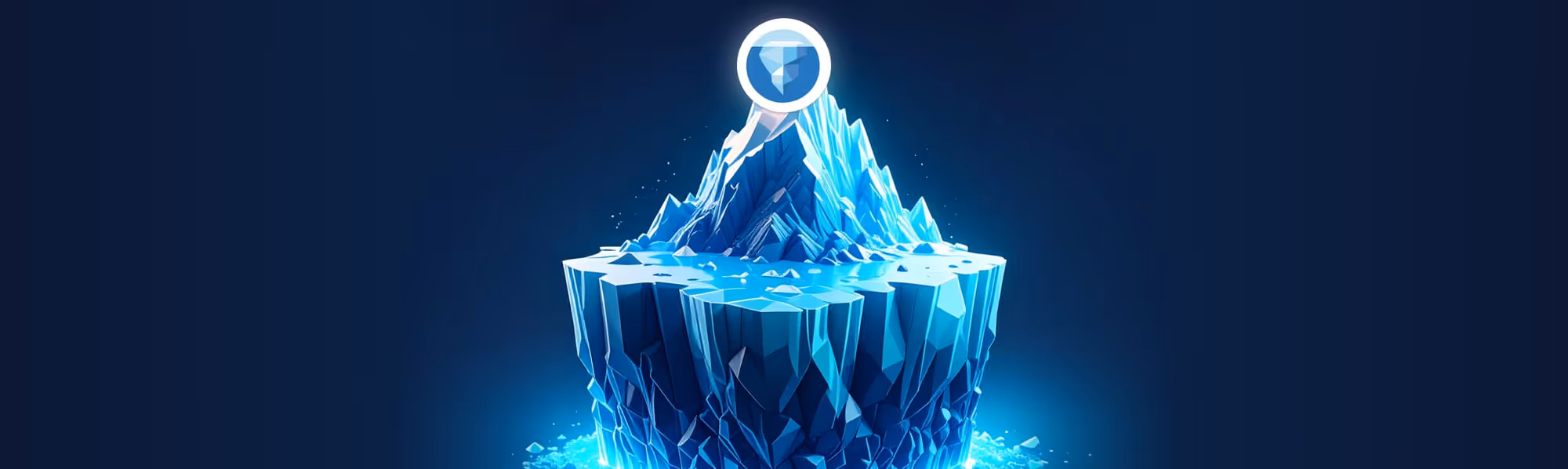 Blue iceberg graphic on a blue background. 