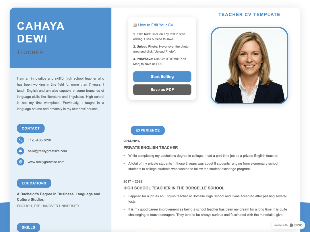 Teacher CV Template (Free + Editable) | Kuse