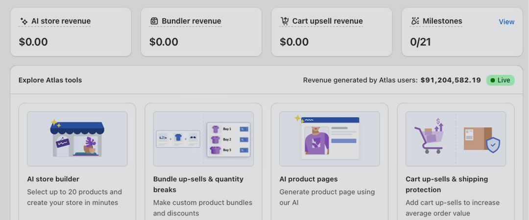 Atlas AI Shopify Store & Page Builder | Launch a Store in 2 Minutes